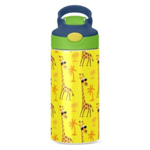 ALAZA Cute Cartoon Giraffe on Yellow Background Kids Water Bottles with Lids Straw Insulated Stainless Steel Water Bottles Double Walled Leakproof Tumbler Travel Cup for Girls Boys Toddlers 12 oz / 35