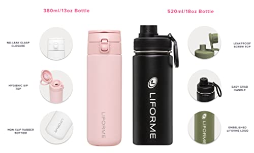 LIFORME Portable Water Bottle, Leakproof Screw Top, Lightweight, Eco-friendly, Hot/Cold Vacuum Insulation, Sweat-Free Double-Walled Design, BPA-Free, Grippy Textured Surface, 13OZ - White