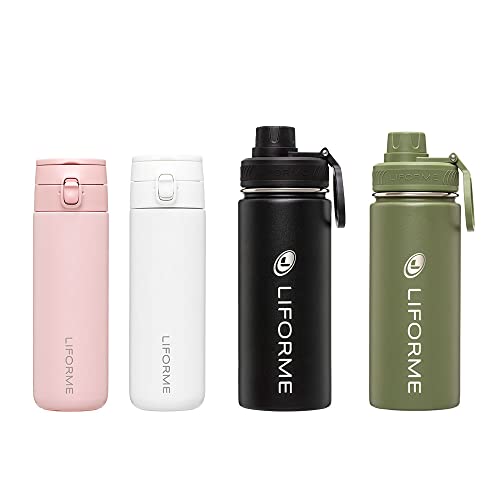 LIFORME Portable Water Bottle, Leakproof Screw Top, Lightweight, Eco-friendly, Hot/Cold Vacuum Insulation, Sweat-Free Double-Walled Design, BPA-Free, Grippy Textured Surface, 13OZ - White