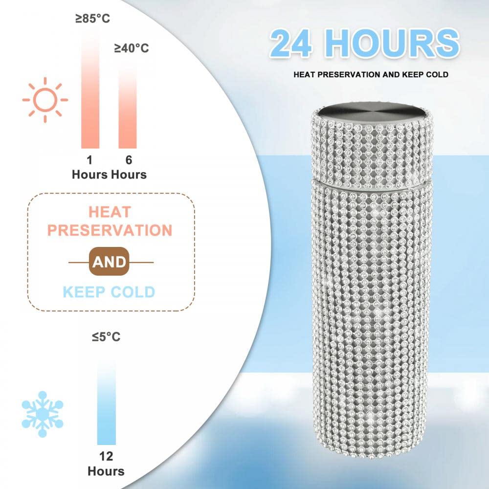 Diamond Thermos Bottle for Womens, Diamond Water Bottle Bling Rhinestone Small Cute 120ML Stainless Steel Vacuum Flask Sparkling Refillable Metal Insulated Glitter Thermal Bottle (Silver)