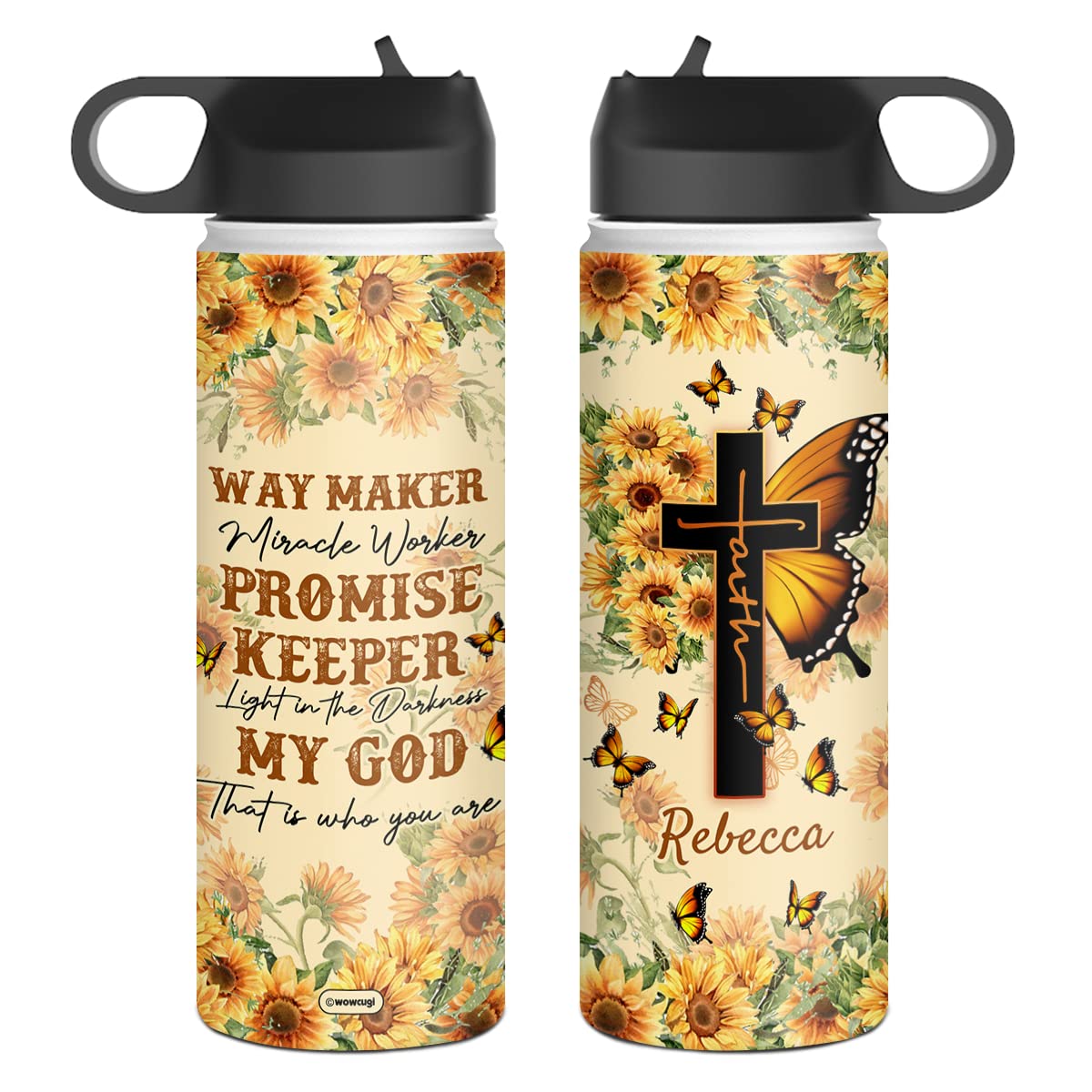 wowcugi Christian Gifts Personalized Water Bottle Way Maker Miracle Worker Bottles Stainless Steel 12oz 18oz 32oz Sunflower Butterfly Gifts for Men Women God Lovers Religious