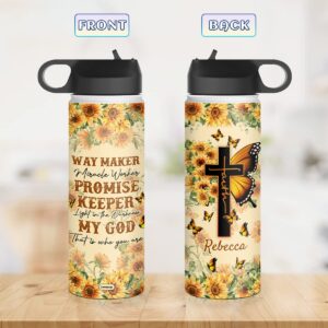 wowcugi Christian Gifts Personalized Water Bottle Way Maker Miracle Worker Bottles Stainless Steel 12oz 18oz 32oz Sunflower Butterfly Gifts for Men Women God Lovers Religious