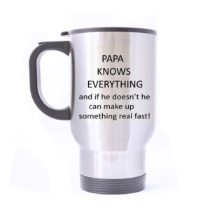 artsbaba travel mug papa knows everything stainless steel mug with handle warm hands travel coffee/tea/water mug, silver family friends birthday gifts 14 oz