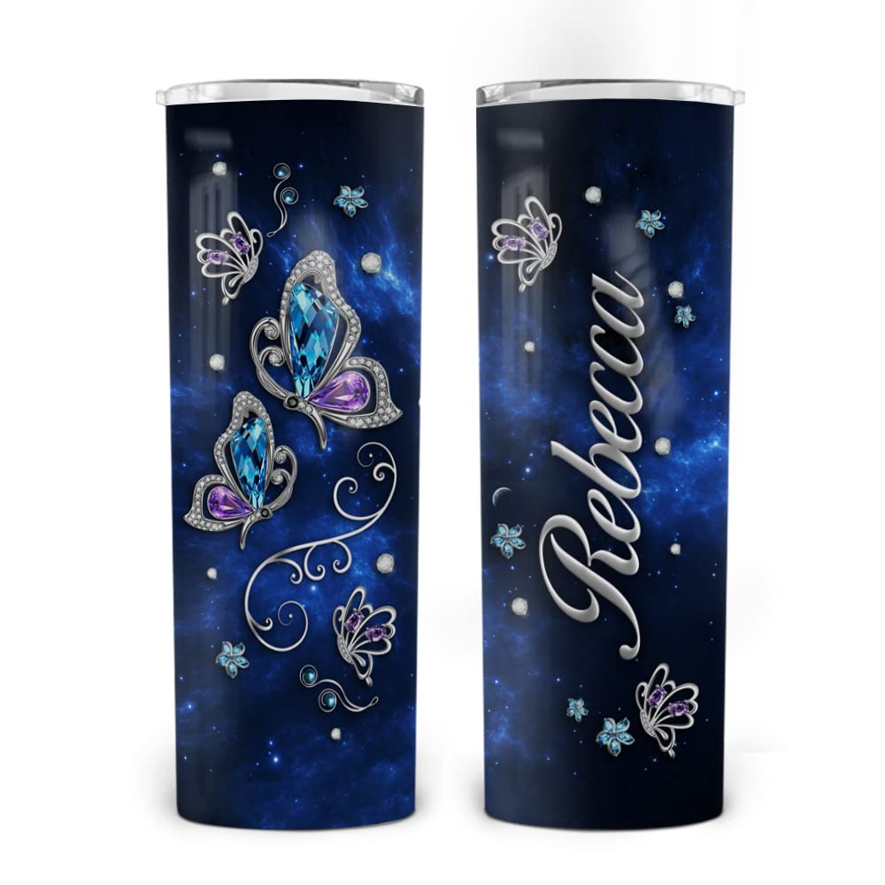 Wassmin Personalized Butterfly Skinny Tumbler Customized Stainless Steel Vacuum Insulated Tumbler With Lid 20 Oz Double Walled Insulated Coffee Cup for Gym Fitness Travel Office Use For Women