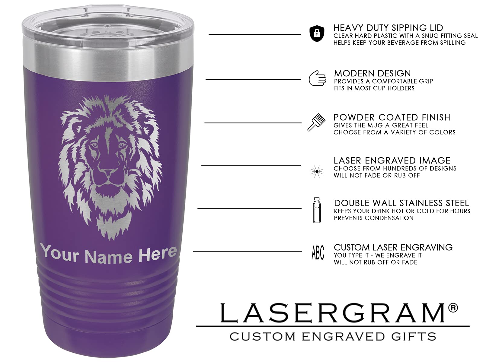 LaserGram 20oz Vacuum Insulated Tumbler Mug, Panda Bear, Personalized Engraving Included (Dark Purple)