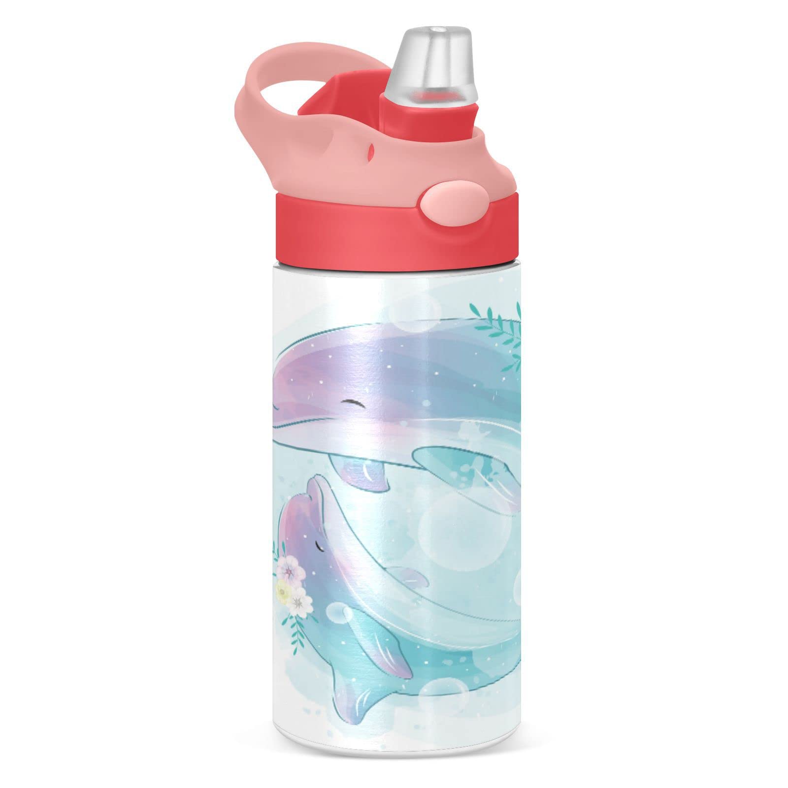 Blueangle Cute Dolphin Kids Water Bottle with Straw Lid, 12oz Stainless Steel Insulated Water Reusable Leak Proof Water Bottle for School（1）