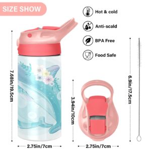 Blueangle Cute Dolphin Kids Water Bottle with Straw Lid, 12oz Stainless Steel Insulated Water Reusable Leak Proof Water Bottle for School（1）