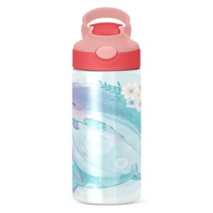 Blueangle Cute Dolphin Kids Water Bottle with Straw Lid, 12oz Stainless Steel Insulated Water Reusable Leak Proof Water Bottle for School（1）