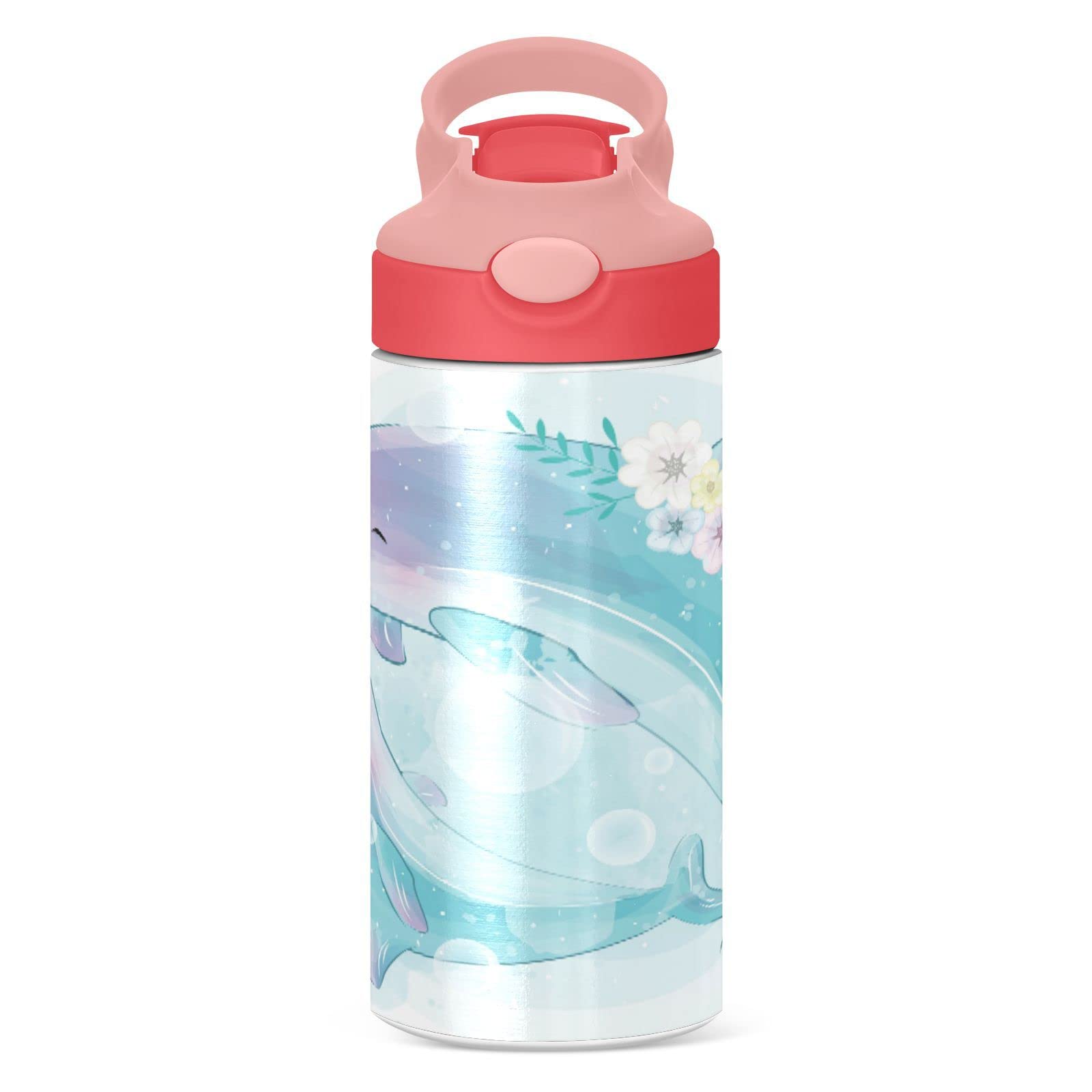 Blueangle Cute Dolphin Kids Water Bottle with Straw Lid, 12oz Stainless Steel Insulated Water Reusable Leak Proof Water Bottle for School（1）