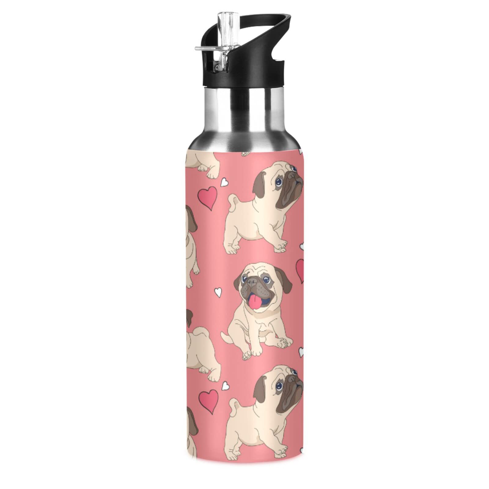 Oarencol Pug Heart Water Bottle Lovely Dog Puppy Pink Stainless Steel Vacuum Insulated with Straw Lid 20 Oz