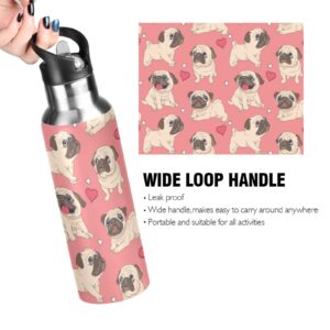 Oarencol Pug Heart Water Bottle Lovely Dog Puppy Pink Stainless Steel Vacuum Insulated with Straw Lid 20 Oz