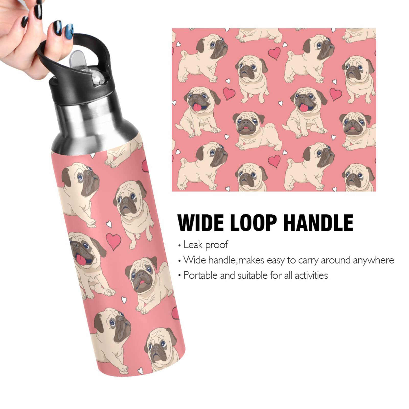 Oarencol Pug Heart Water Bottle Lovely Dog Puppy Pink Stainless Steel Vacuum Insulated with Straw Lid 20 Oz