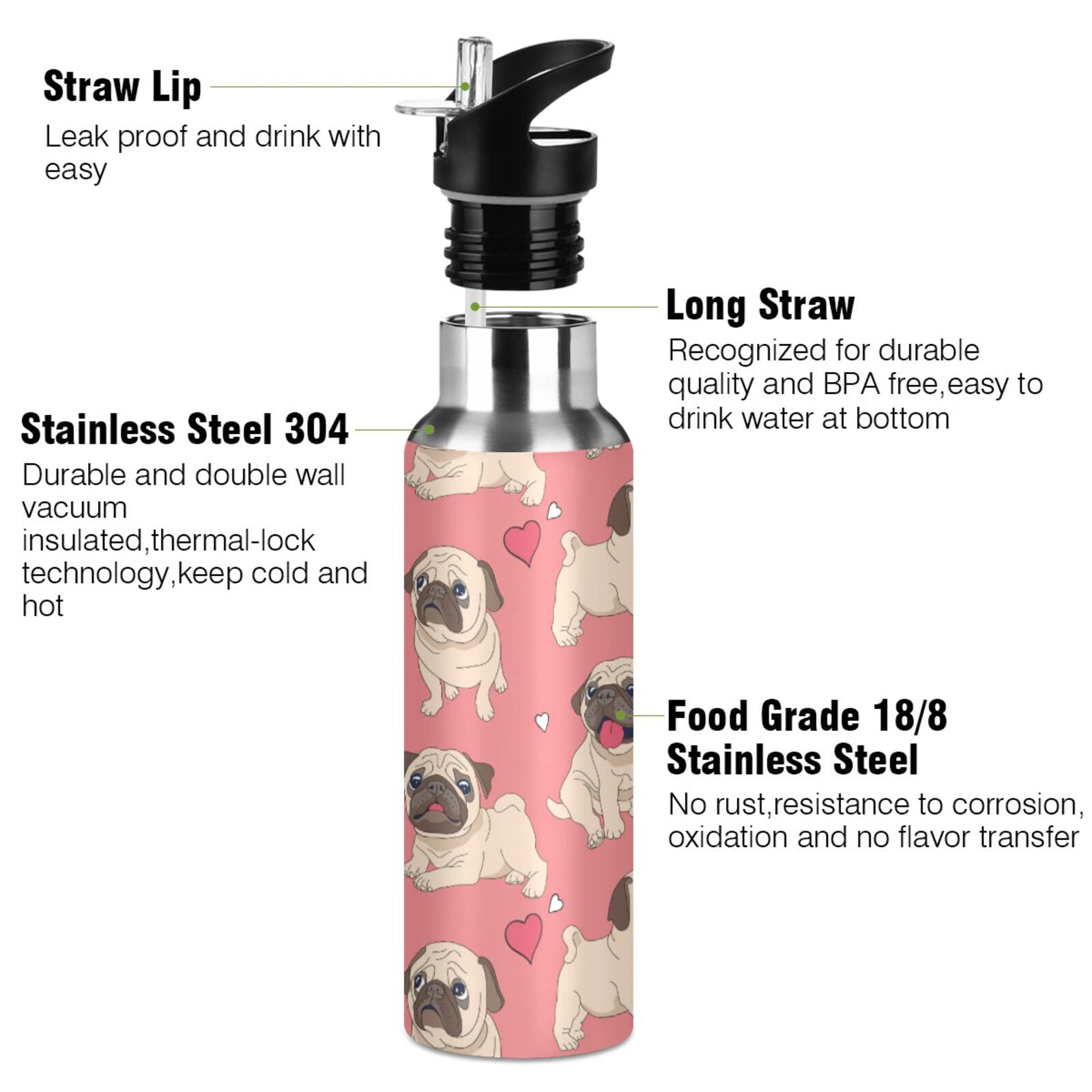 Oarencol Pug Heart Water Bottle Lovely Dog Puppy Pink Stainless Steel Vacuum Insulated with Straw Lid 20 Oz