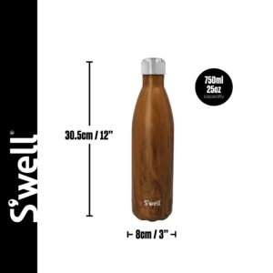 S'well Stainless Steel Reusable Water Bottle, 750ml, Teakwood, Triple-Insulated and Leak-Proof Drinking Bottle for Hot and Cold Beverages up to 48h Cold/24h Hot