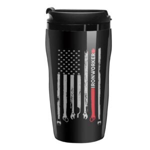 ironworker usa flag water bottle with lid reusable plastic coffee mug double wall vacuum tumbler for hot/ice coffee tea 350ml