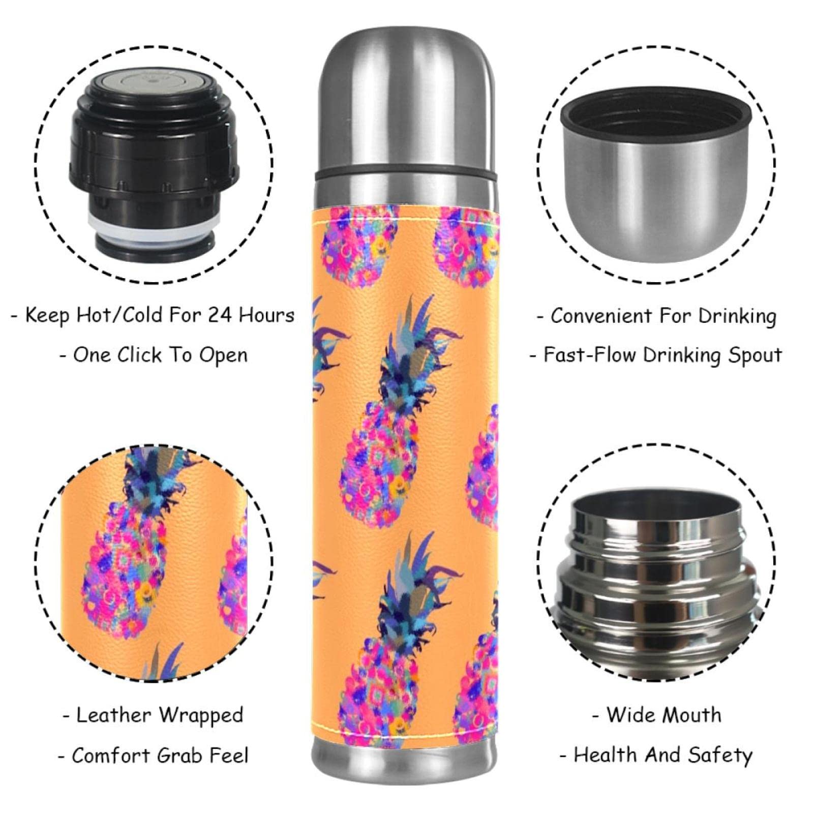 Stainless Steel Leather Vacuum Insulated Mug Pineapple Thermos Water Bottle for Hot and Cold Drinks Kids Adults 16 Oz