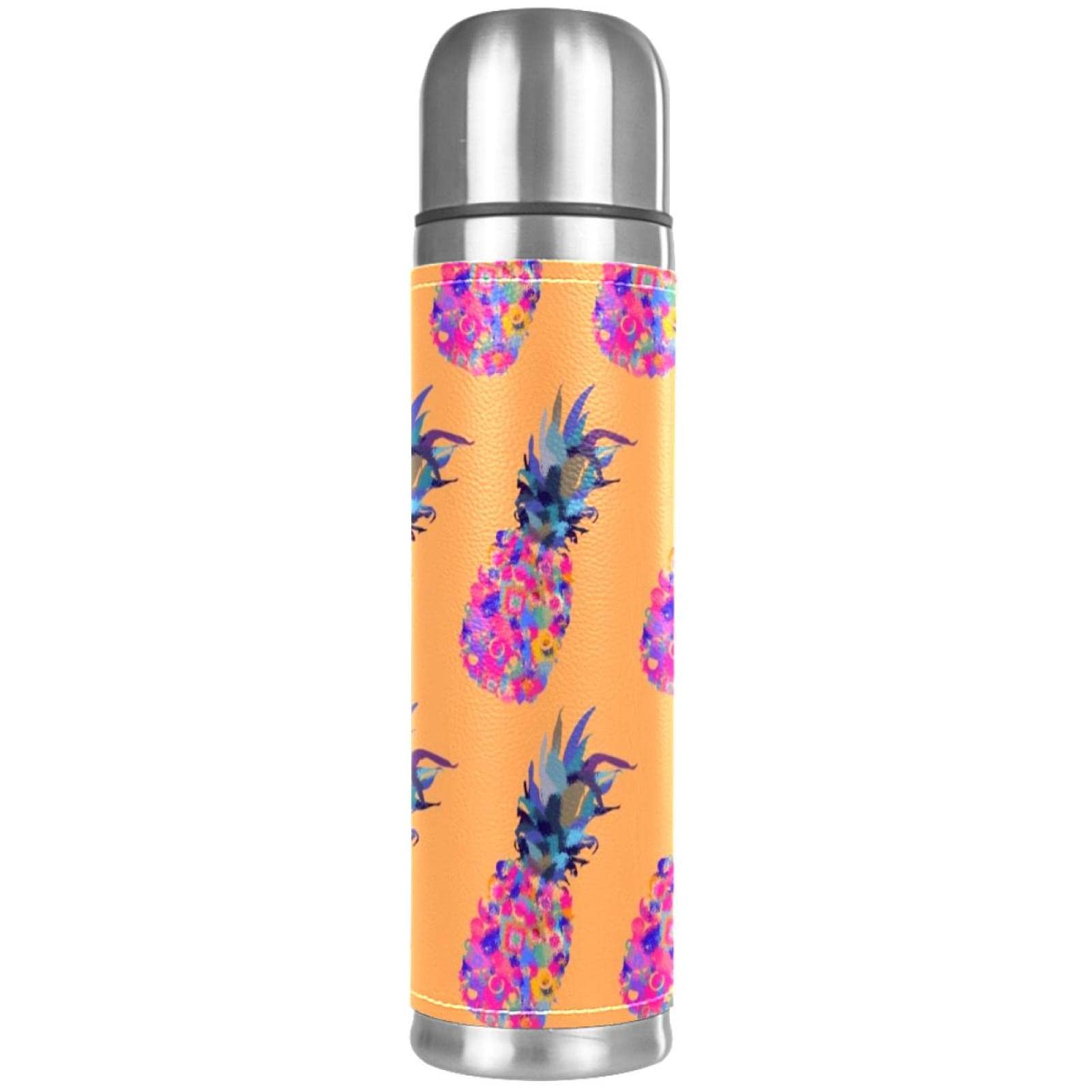 Stainless Steel Leather Vacuum Insulated Mug Pineapple Thermos Water Bottle for Hot and Cold Drinks Kids Adults 16 Oz