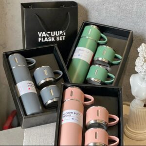 Vacuum insulated flask with cups(black,pink,green,gray,brown,navy blue)