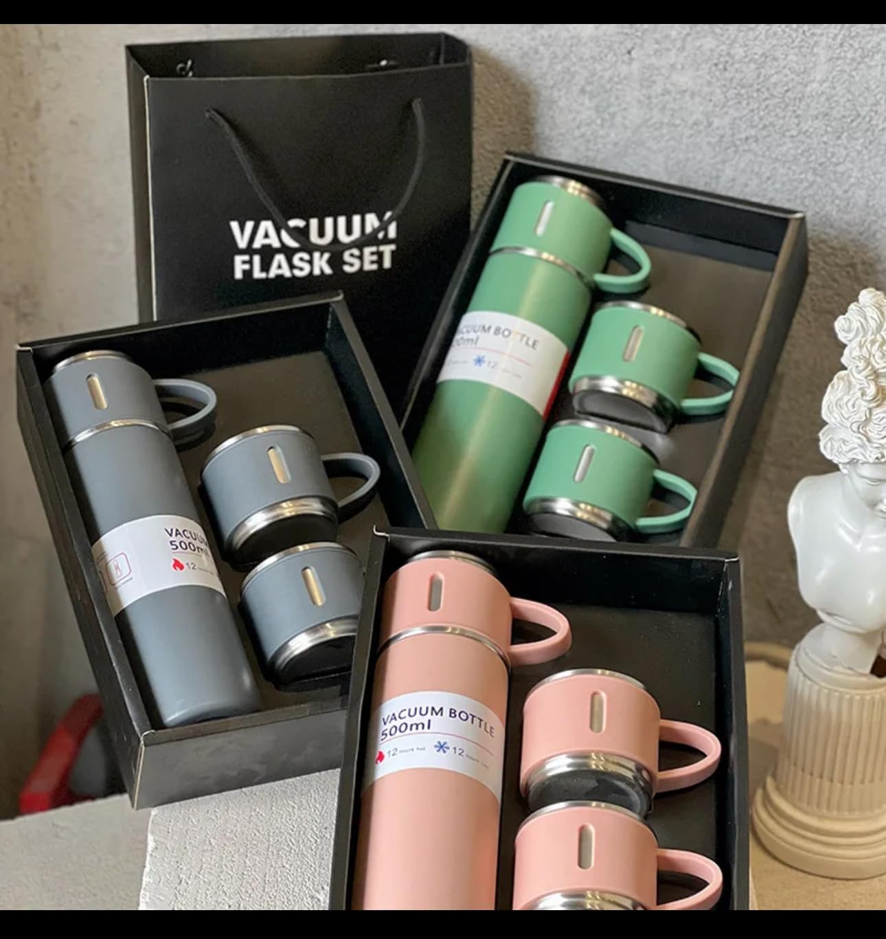 Vacuum insulated flask with cups(black,pink,green,gray,brown,navy blue)