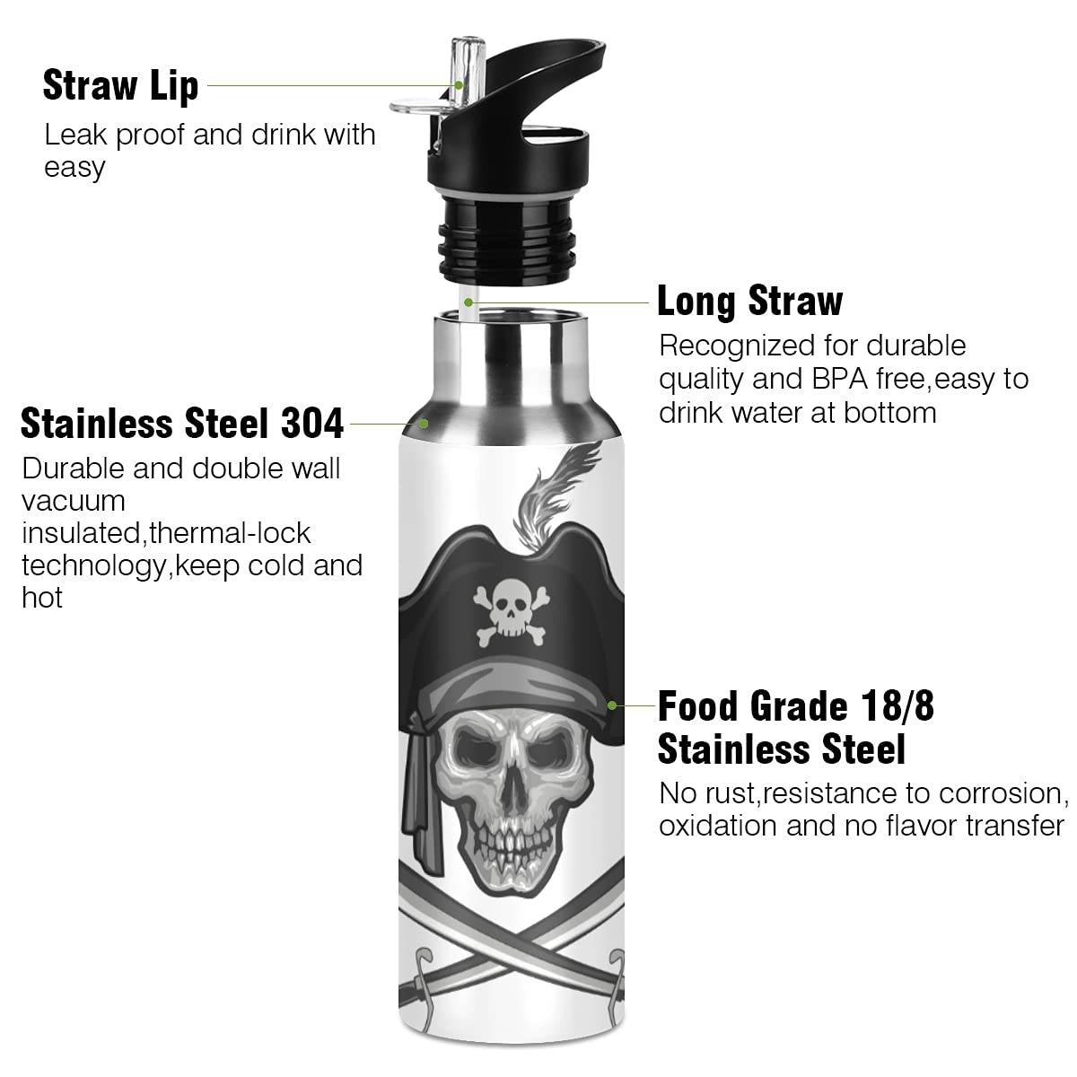 Yasala Water Bottle Pirate Skull Sword Grey Coffee Thermos Stainless Steel Insulated Beverage Container 20 oz with Straw Lid BPA-Free for Sport, Travel, Camping, Back to School