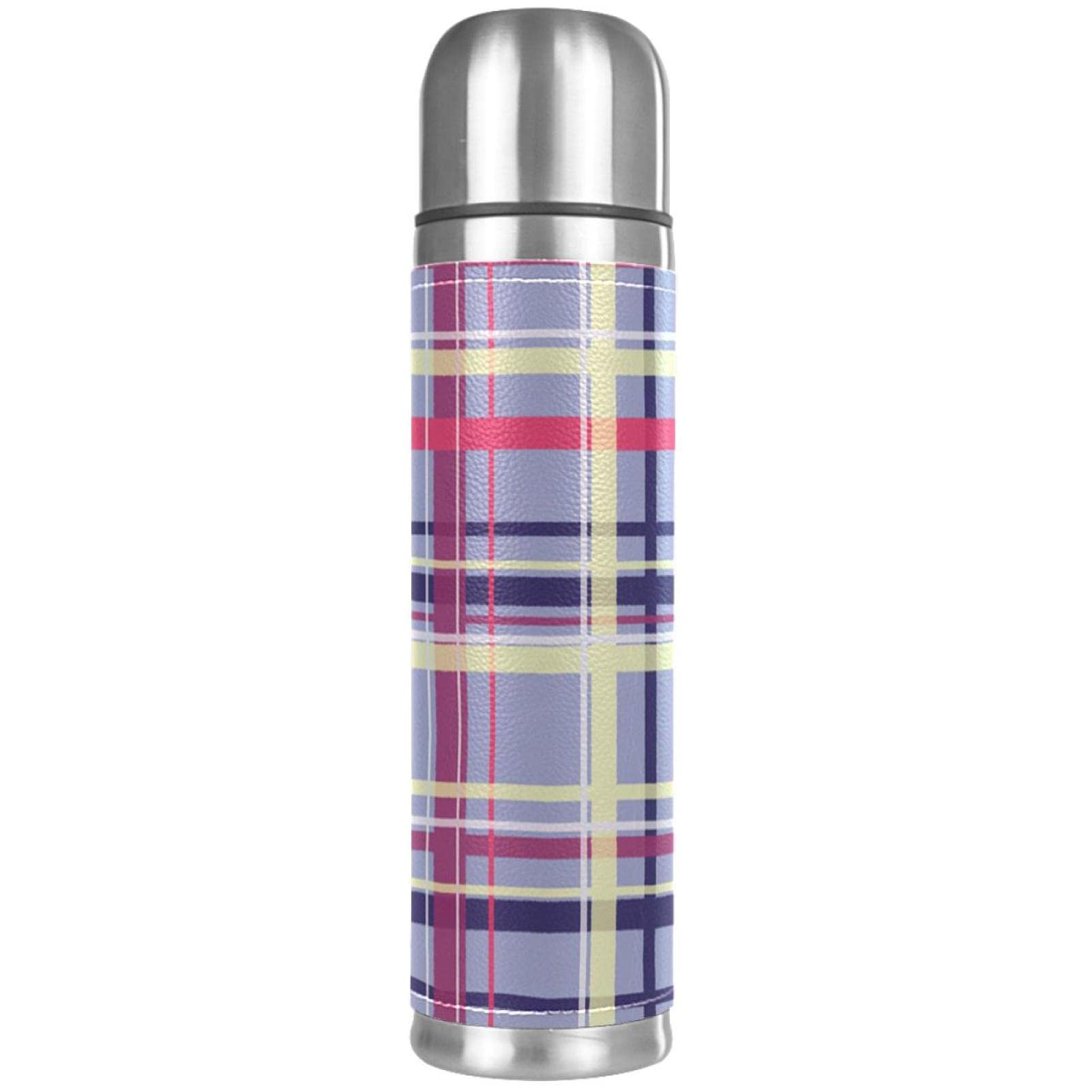 Stainless Steel Leather Vacuum Insulated Mug Cascading Plaid Thermos Water Bottle for Hot and Cold Drinks Kids Adults 16 Oz