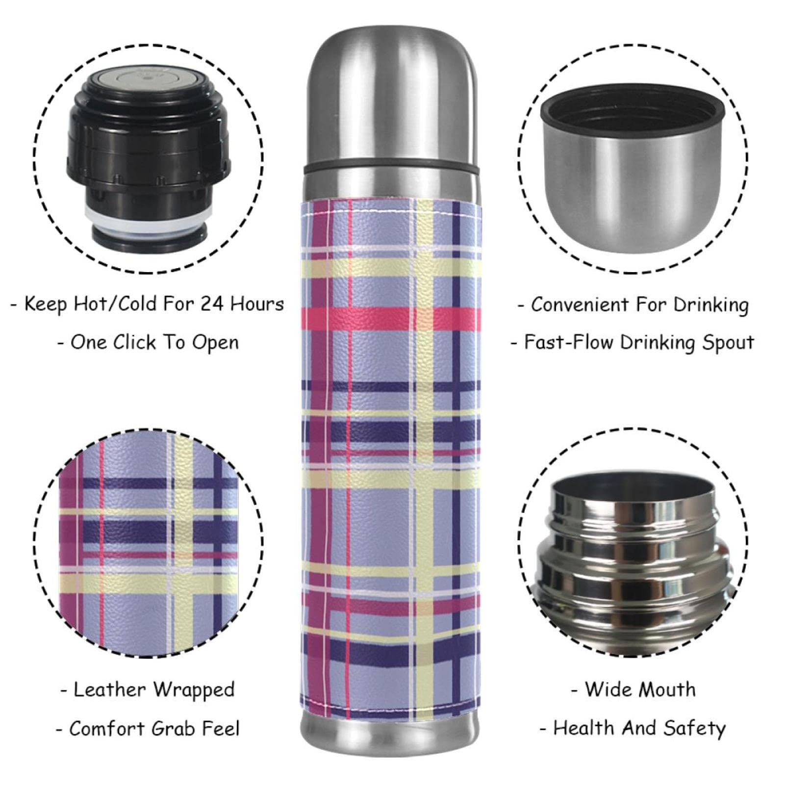 Stainless Steel Leather Vacuum Insulated Mug Cascading Plaid Thermos Water Bottle for Hot and Cold Drinks Kids Adults 16 Oz