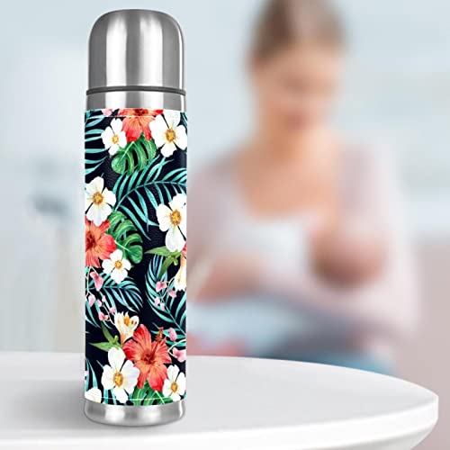 Stainless Steel Leather Vacuum Insulated Mug Tropical Plants Thermos Water Bottle for Hot and Cold Drinks Kids Adults 16 Oz