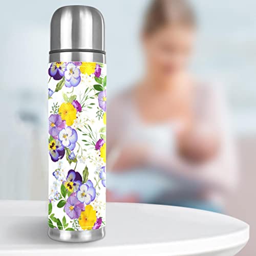 Stainless Steel Leather Vacuum Insulated Mug Flowers Thermos Water Bottle for Hot and Cold Drinks Kids Adults 16 Oz