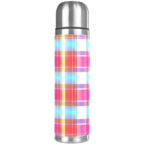 stainless steel leather vacuum insulated mug cascading plaid thermos water bottle for hot and cold drinks kids adults 16 oz