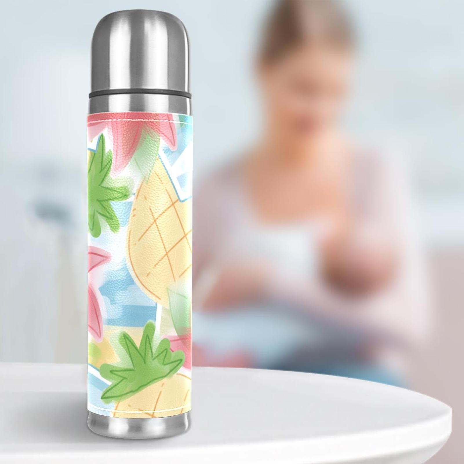 Stainless Steel Leather Vacuum Insulated Mug Pineapple Thermos Water Bottle for Hot and Cold Drinks Kids Adults 16 Oz