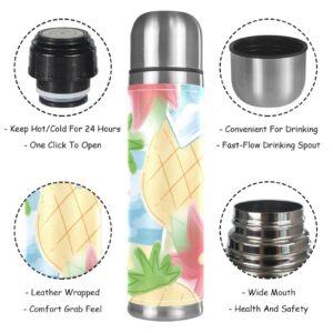 Stainless Steel Leather Vacuum Insulated Mug Pineapple Thermos Water Bottle for Hot and Cold Drinks Kids Adults 16 Oz