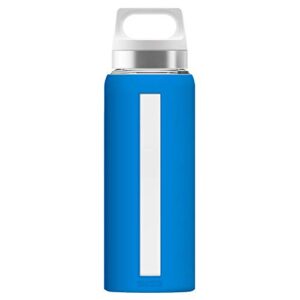 sigg - glass water bottle - dream electric blue - soft silicon cover - leakproof - dishwasher safe - bpa free - broscilate glass - 22 oz