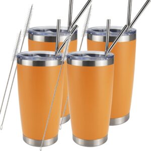 kmass kmax 4pack 20oz stainless steel vacuum insulated travel cup with lids and straws and cleaning brush double wall travel mug coffee cup stainless steel tumblers for home, office (orange)