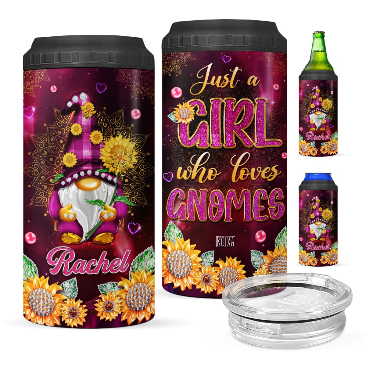 KOIXA Personalized Gnome Can Cooler Insulated 4-in-1 16oz Tumbler Just A Girl Who Loves Gnomes Sunflower Stainless Steel Can Holder Travel Cup Flower Hippie Cute Things For Girls