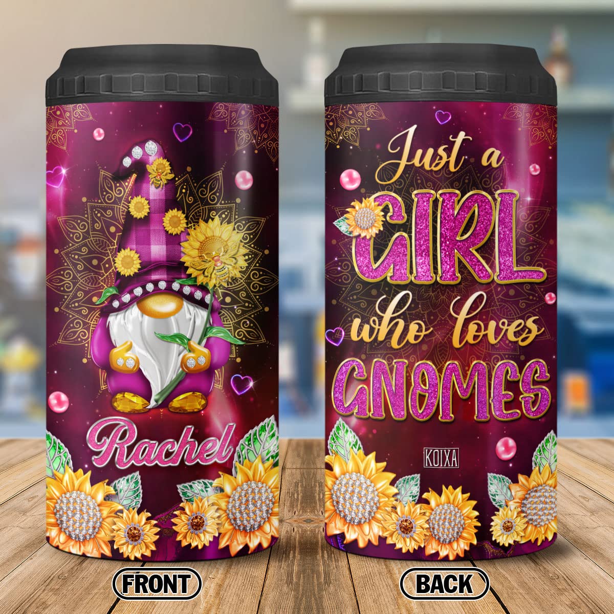 KOIXA Personalized Gnome Can Cooler Insulated 4-in-1 16oz Tumbler Just A Girl Who Loves Gnomes Sunflower Stainless Steel Can Holder Travel Cup Flower Hippie Cute Things For Girls