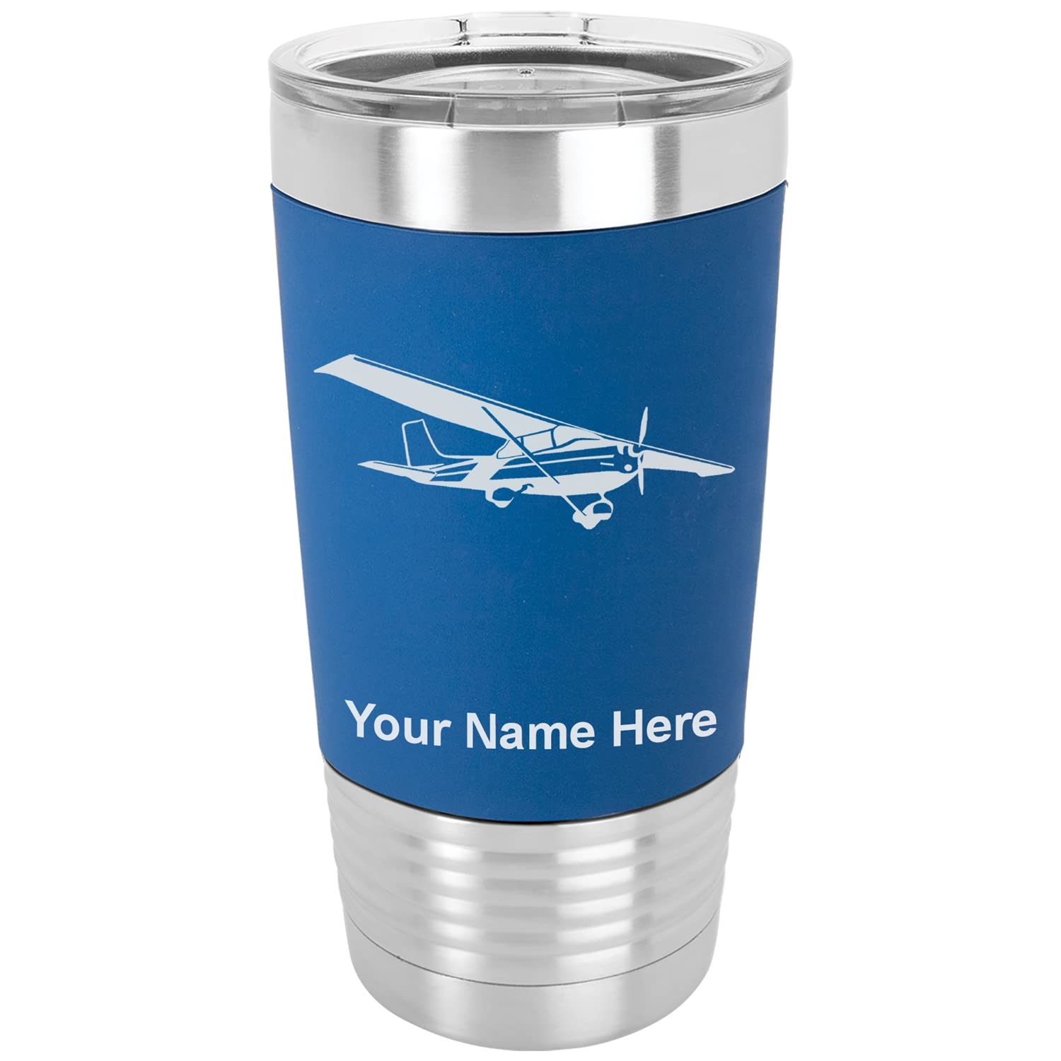 LaserGram 20oz Vacuum Insulated Tumbler Mug, High Wing Airplane, Personalized Engraving Included (Silicone Grip, Dark Blue)