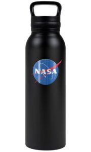 nasa official meatball logo 24 oz insulated canteen water bottle, leak resistant, vacuum insulated stainless steel with loop cap, black