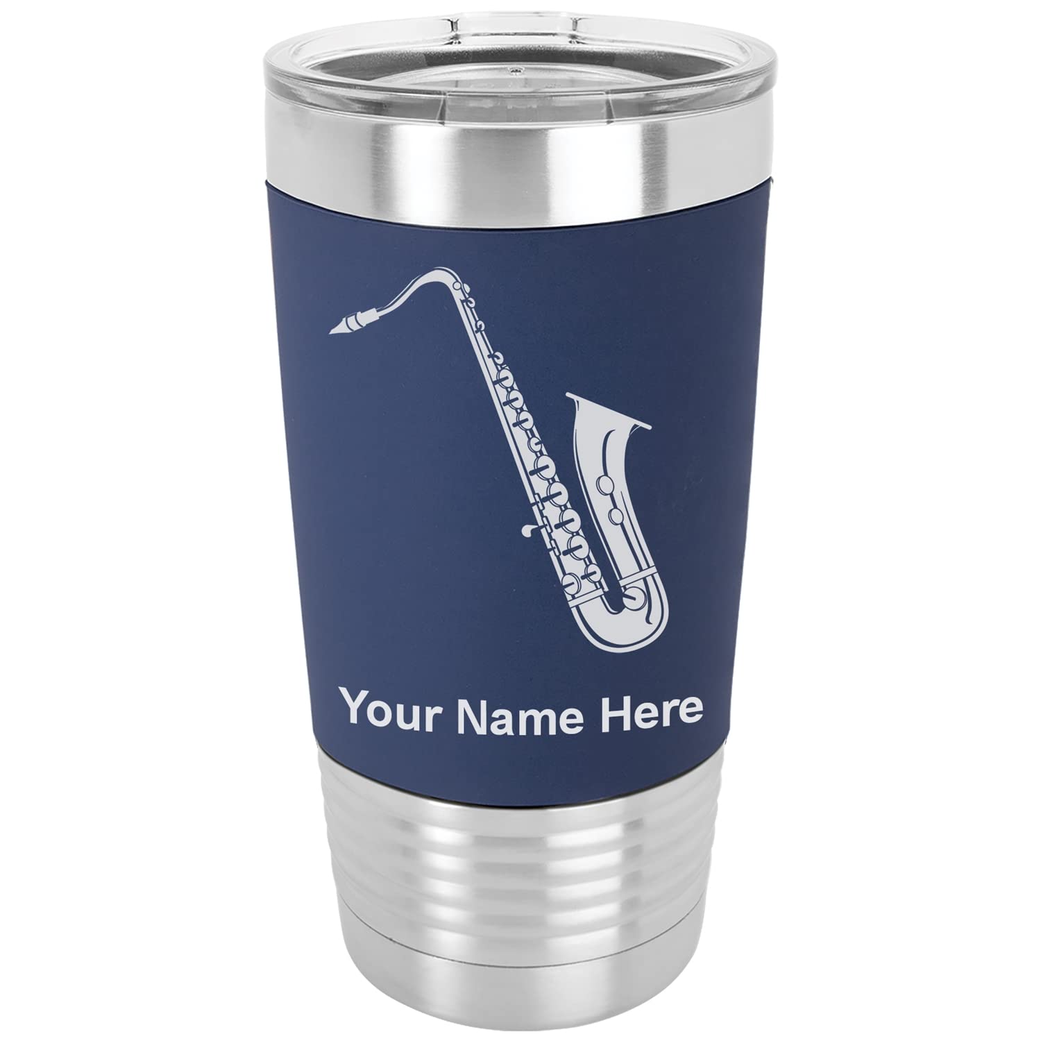 LaserGram 20oz Vacuum Insulated Tumbler Mug, Saxophone, Personalized Engraving Included (Silicone Grip, Navy Blue)