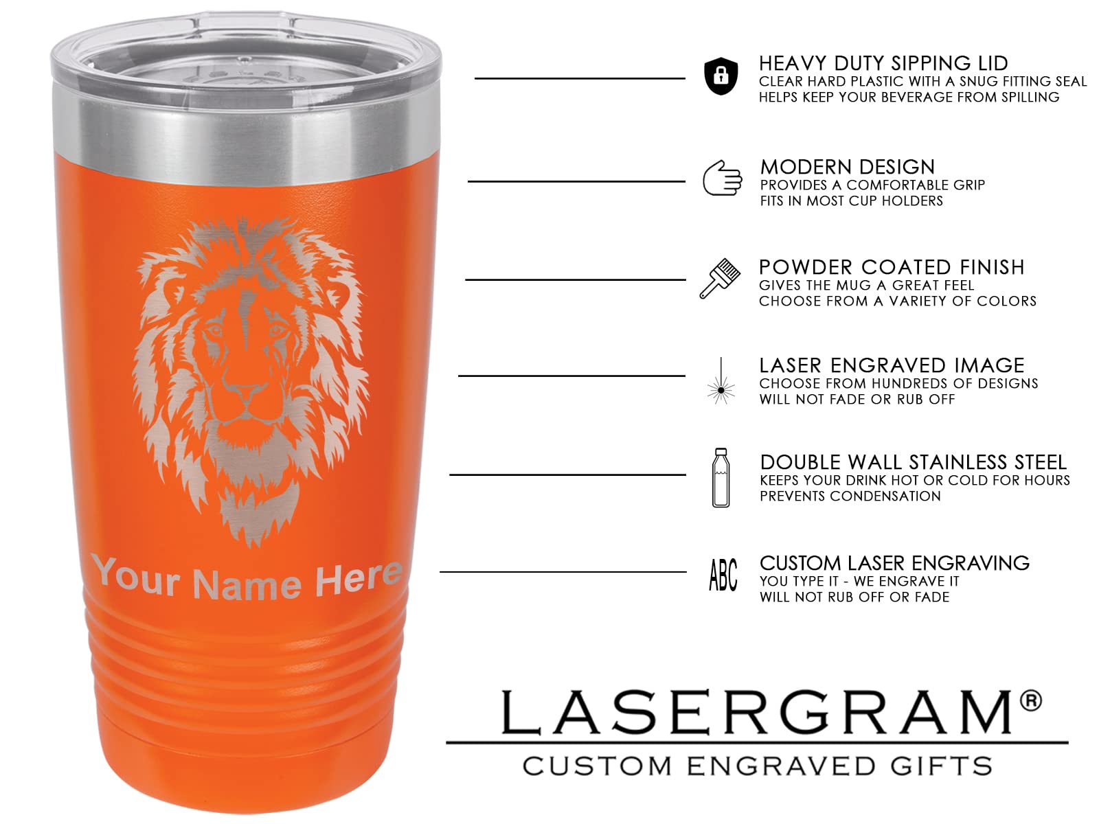 LaserGram 20oz Vacuum Insulated Tumbler Mug, Cow, Personalized Engraving Included (Orange)