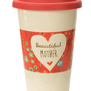 Pavilion Gift Company "A Mother's Love-Beautiful Mother" Floral Stoneware Travel Mug, Pink, 12 oz