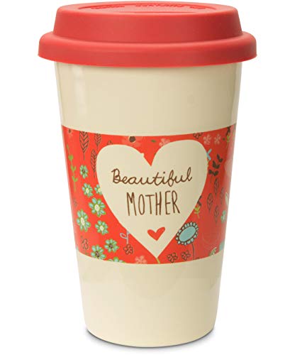 Pavilion Gift Company "A Mother's Love-Beautiful Mother" Floral Stoneware Travel Mug, Pink, 12 oz