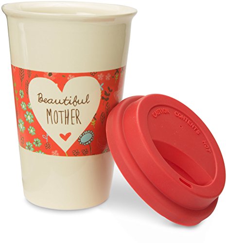 Pavilion Gift Company "A Mother's Love-Beautiful Mother" Floral Stoneware Travel Mug, Pink, 12 oz