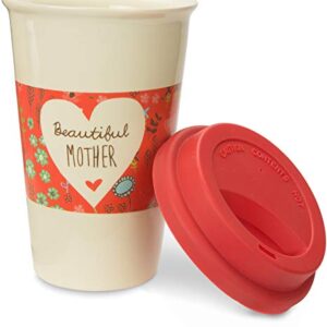 Pavilion Gift Company "A Mother's Love-Beautiful Mother" Floral Stoneware Travel Mug, Pink, 12 oz