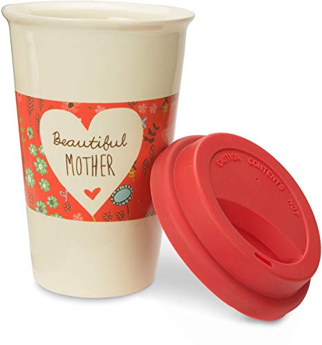 Pavilion Gift Company "A Mother's Love-Beautiful Mother" Floral Stoneware Travel Mug, Pink, 12 oz