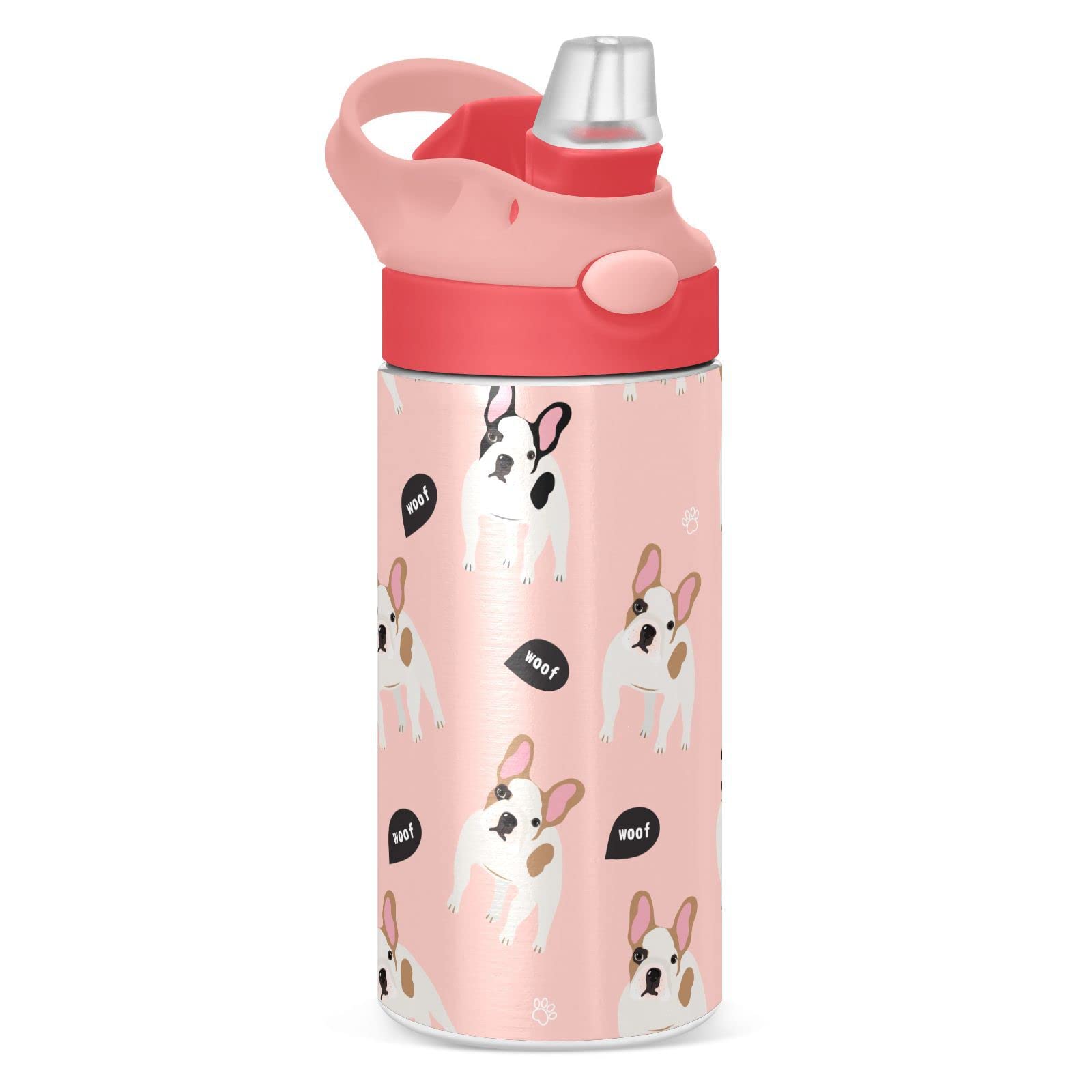 ALAZA Cartoon French Bulldog Kids Water Bottles with Lids Straw Insulated Stainless Steel Water Bottles Double Walled Leakproof Tumbler Travel Cup for Girls Boys Toddlers 12 oz / 350 ml,Pink