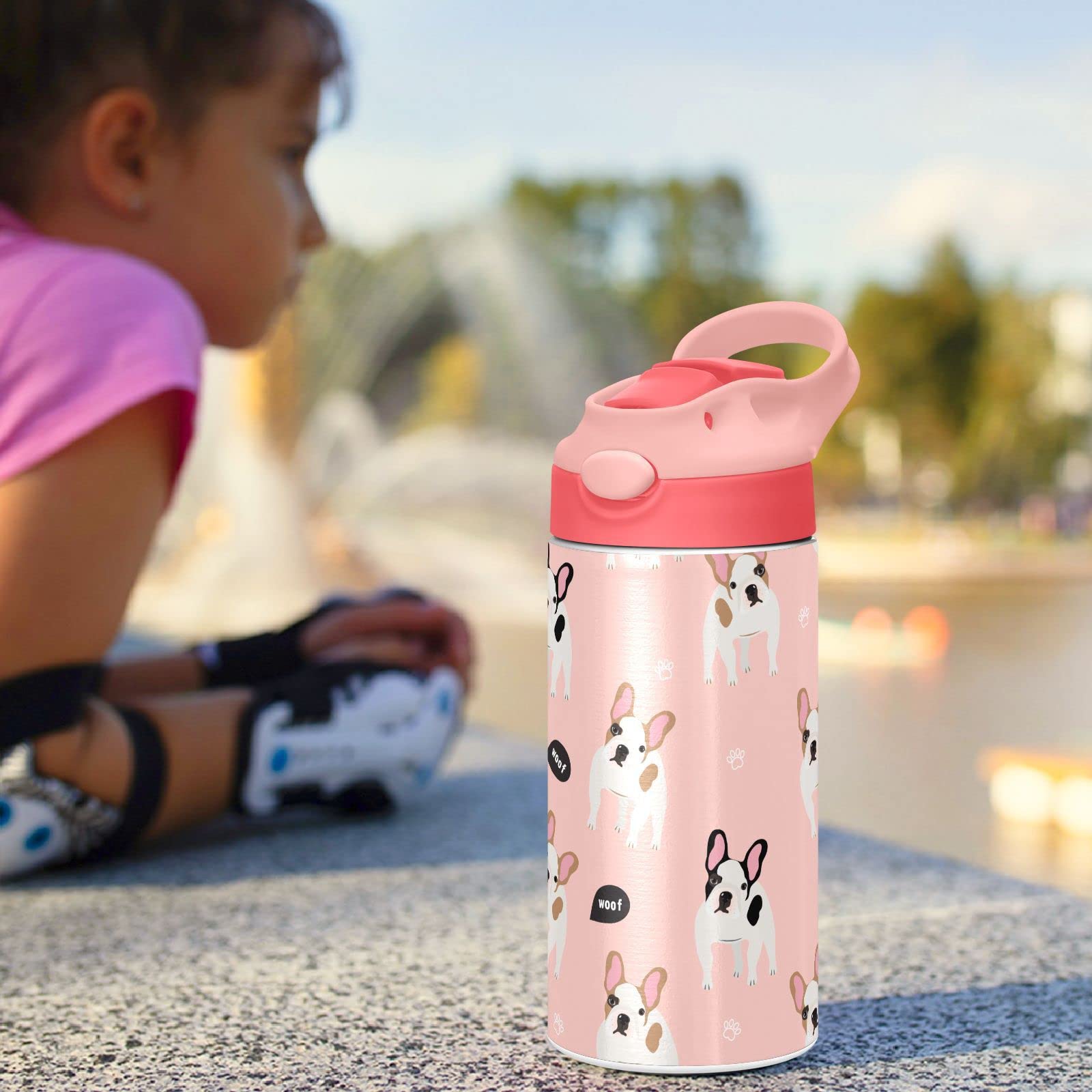 ALAZA Cartoon French Bulldog Kids Water Bottles with Lids Straw Insulated Stainless Steel Water Bottles Double Walled Leakproof Tumbler Travel Cup for Girls Boys Toddlers 12 oz / 350 ml,Pink