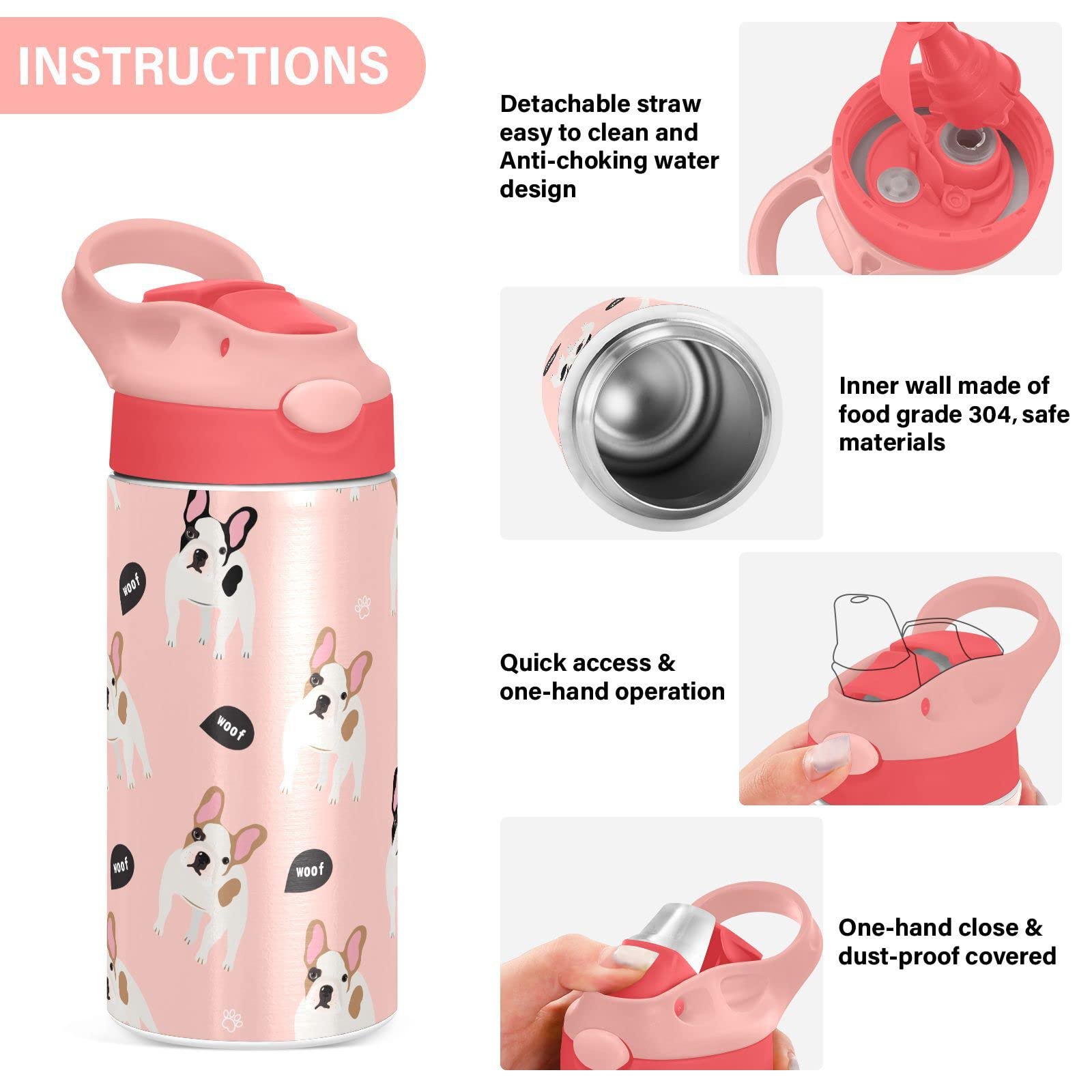 ALAZA Cartoon French Bulldog Kids Water Bottles with Lids Straw Insulated Stainless Steel Water Bottles Double Walled Leakproof Tumbler Travel Cup for Girls Boys Toddlers 12 oz / 350 ml,Pink