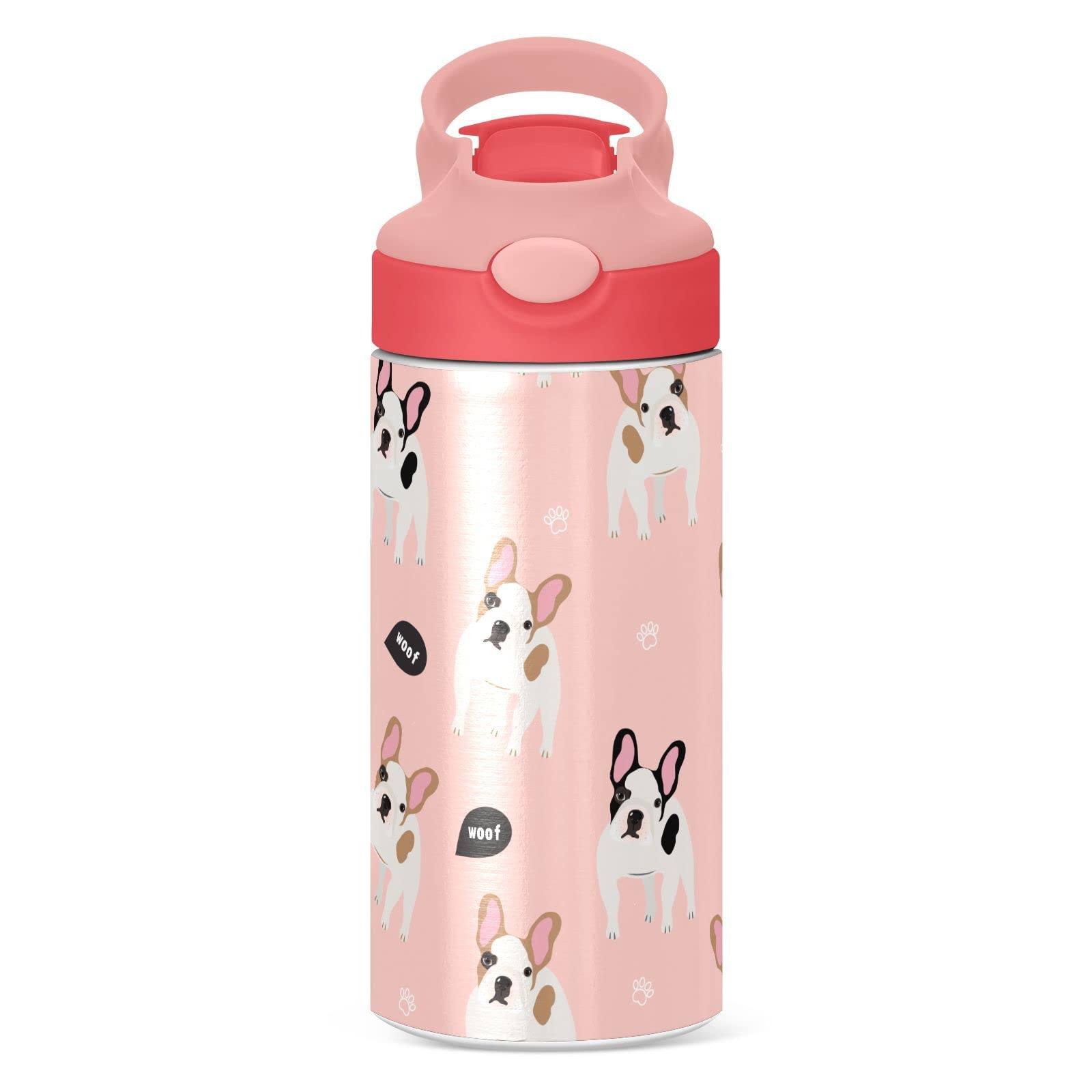 ALAZA Cartoon French Bulldog Kids Water Bottles with Lids Straw Insulated Stainless Steel Water Bottles Double Walled Leakproof Tumbler Travel Cup for Girls Boys Toddlers 12 oz / 350 ml,Pink