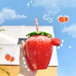 NUZYZ 500ml/ 17oz Strawberry Straw Cup, BPA Free Water Bottle Cartoon Food Grade PP Cup for Home Bottle with Straw