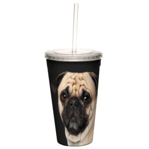 I Heart Pugs Dog Double-Walled Cool Travel Cup with Reusable Straw, 16-Ounce, Tan and Black - Gift for Puppy Lovers - Tree-Free Greetings